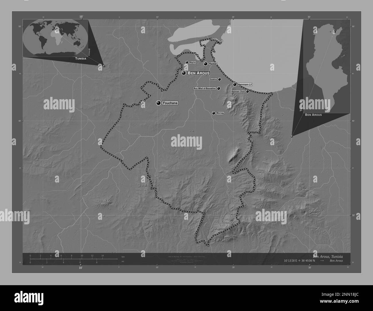 Ben Arous, governorate of Tunisia. Bilevel elevation map with lakes and ...