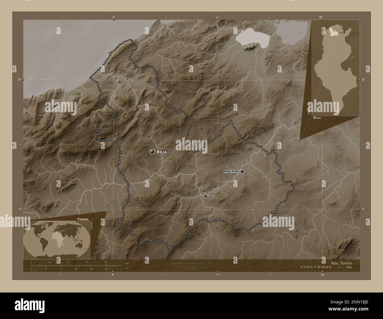 Beja, governorate of Tunisia. Elevation map colored in sepia tones with ...
