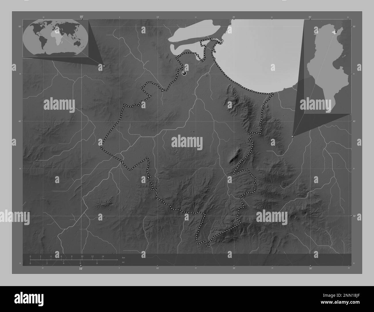 Ben Arous, governorate of Tunisia. Grayscale elevation map with lakes ...