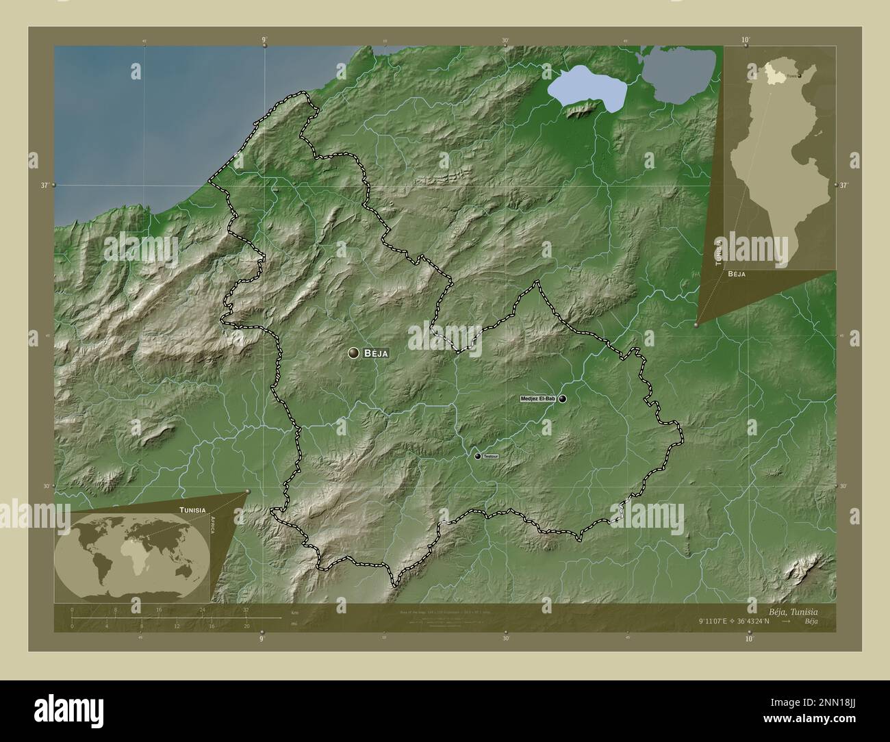 Beja, governorate of Tunisia. Elevation map colored in wiki style with ...