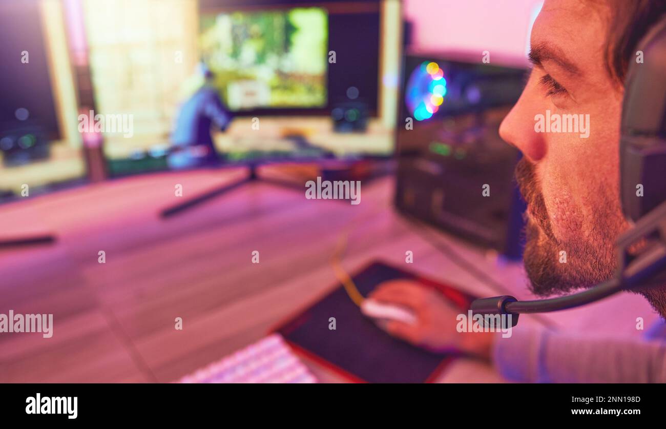 Computer gamer, man and face with headphones for esports, online games ...