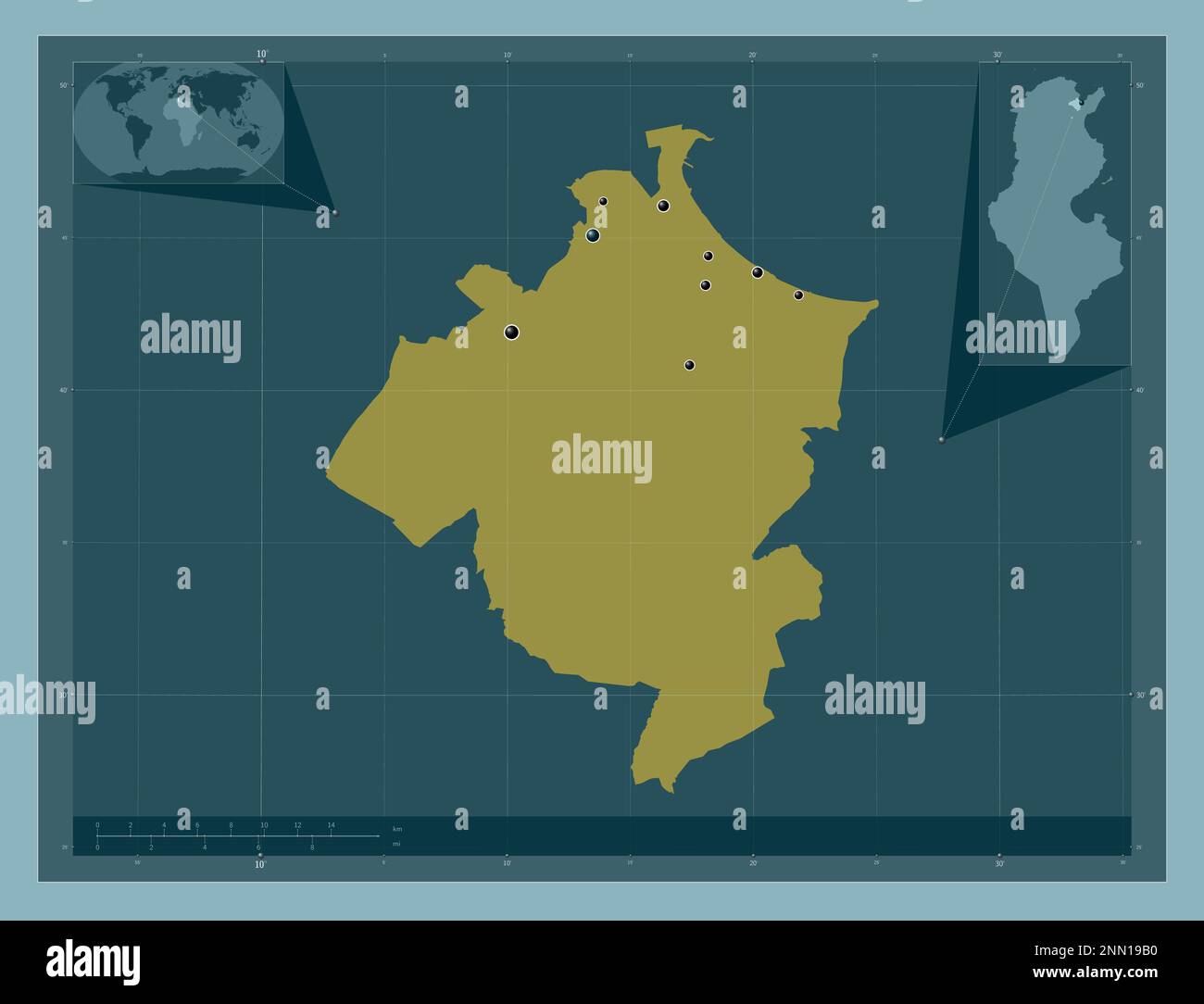 Ben Arous, governorate of Tunisia. Solid color shape. Locations of ...