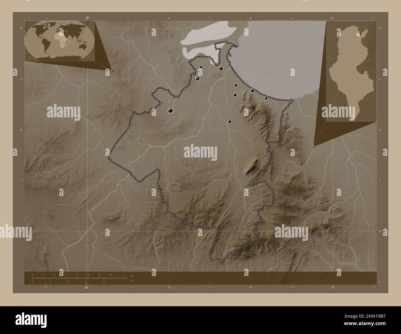 Ben Arous, governorate of Tunisia. Elevation map colored in sepia tones ...