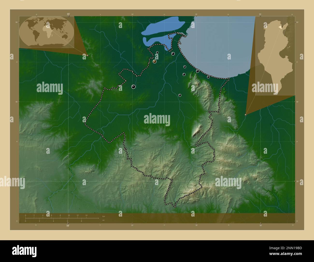 Ben Arous, governorate of Tunisia. Colored elevation map with lakes and ...