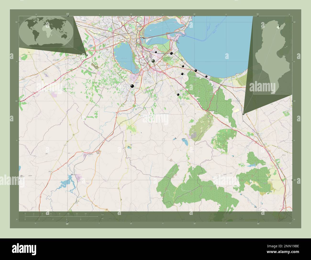 Ben Arous, governorate of Tunisia. Open Street Map. Locations of major ...