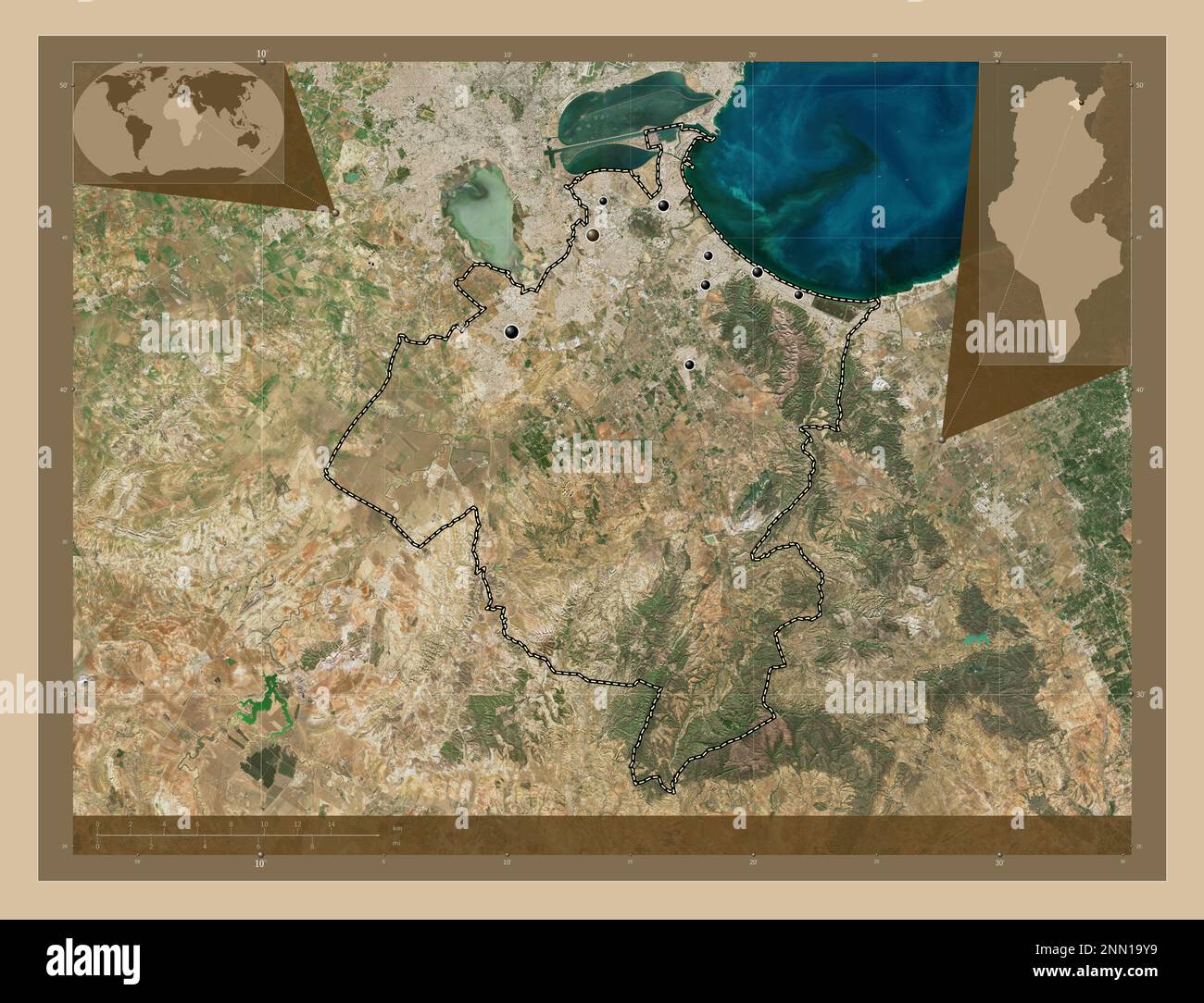 Ben Arous, governorate of Tunisia. Low resolution satellite map ...