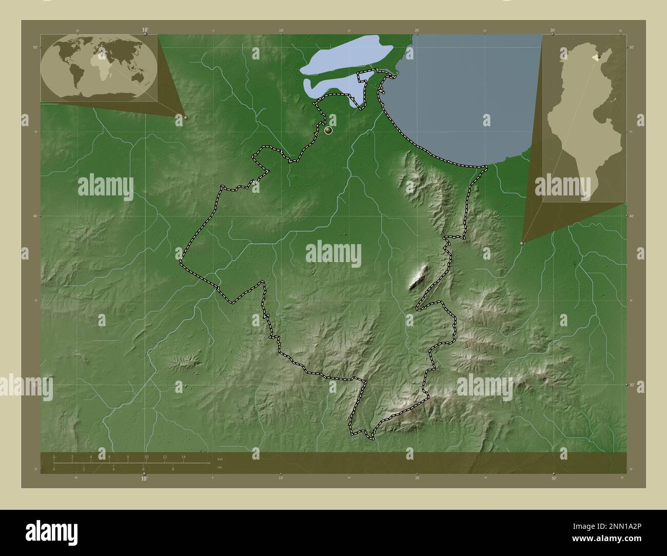 Ben Arous, governorate of Tunisia. Elevation map colored in wiki style ...