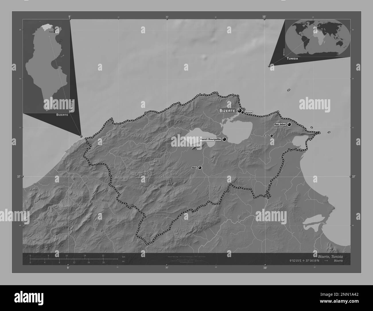 Bizerte, governorate of Tunisia. Bilevel elevation map with lakes and ...