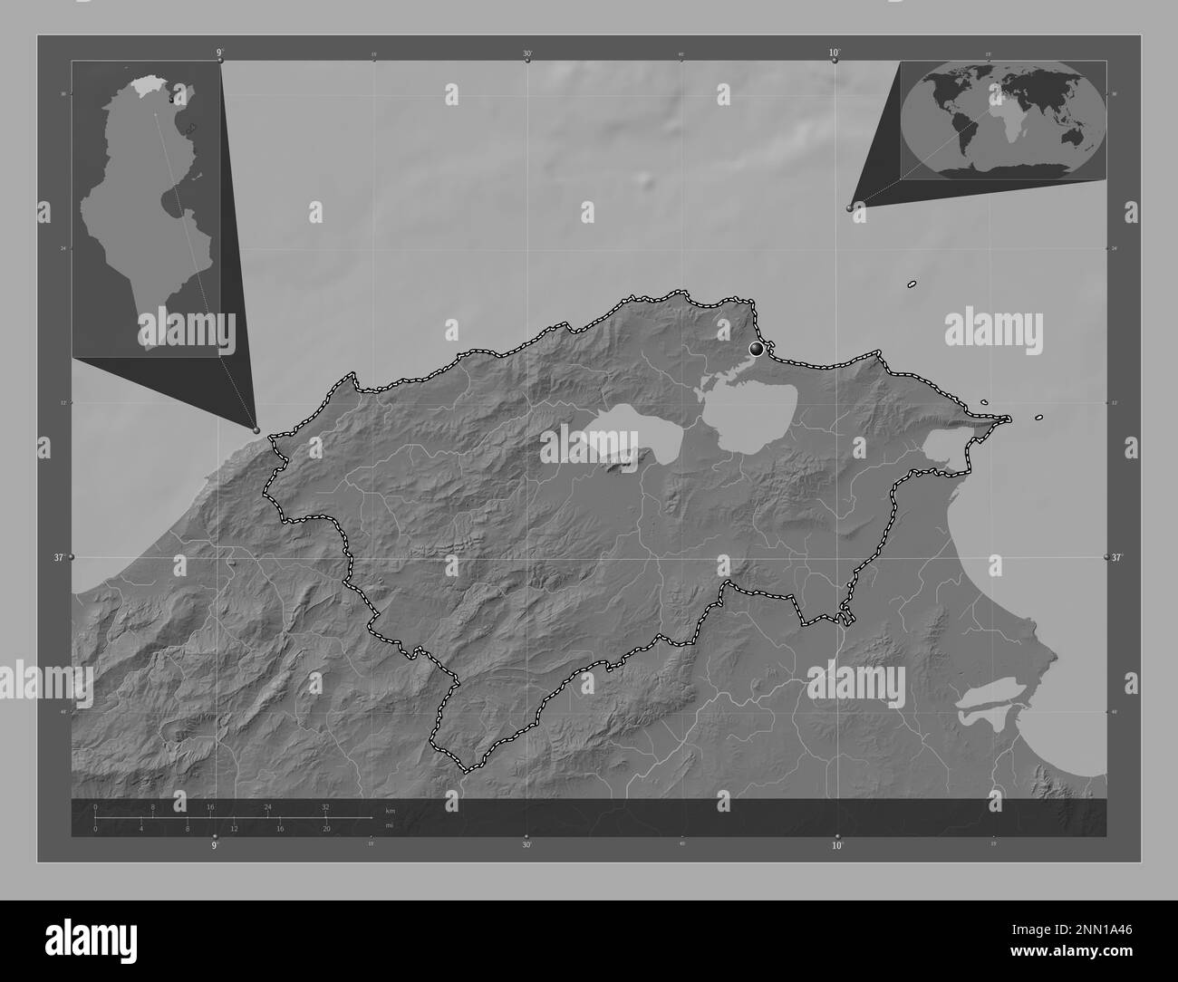 Bizerte, governorate of Tunisia. Bilevel elevation map with lakes and ...