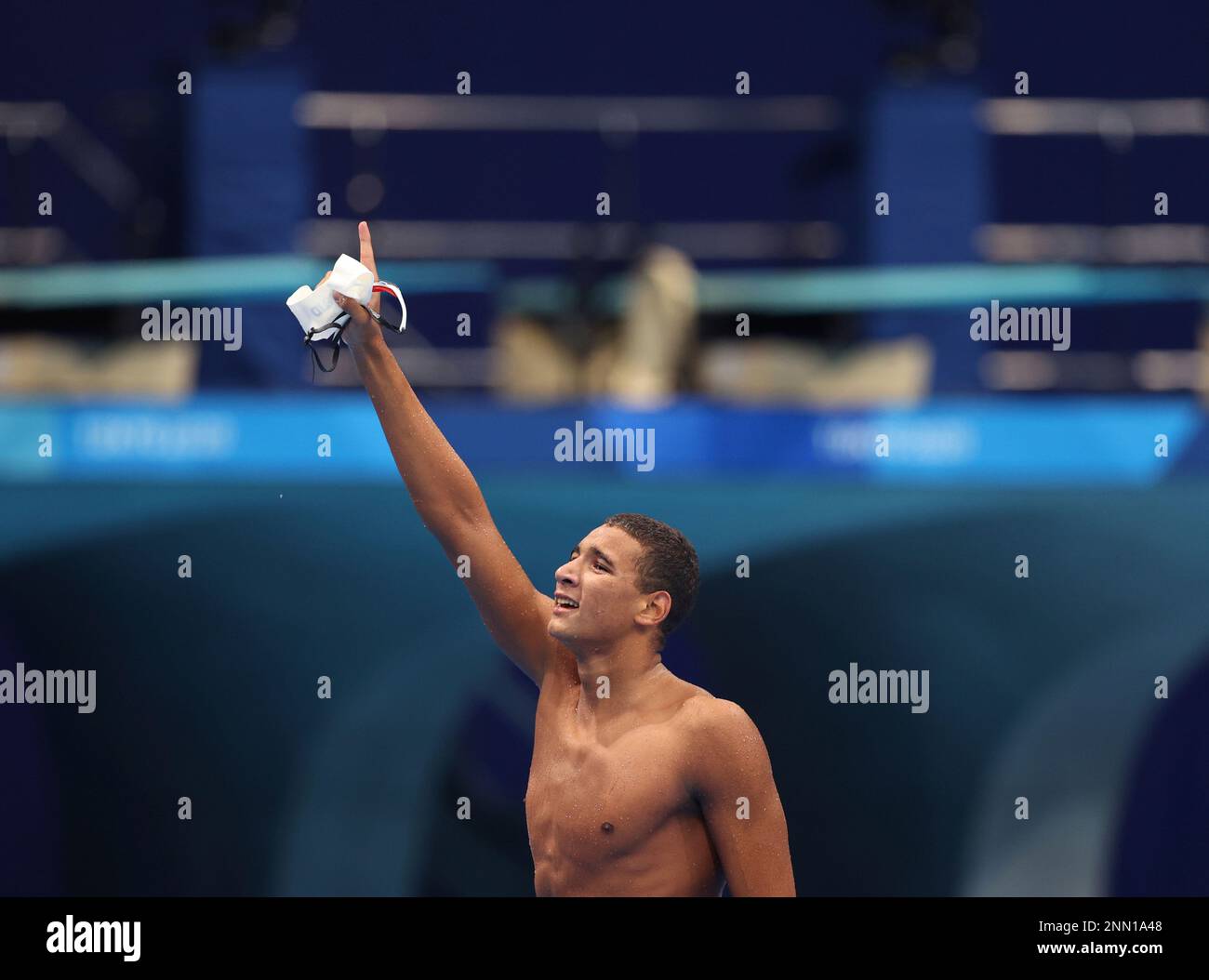 HAFNAOUI Ahmed of Tunisia reacts after winning Men's 400m Freestyle ...