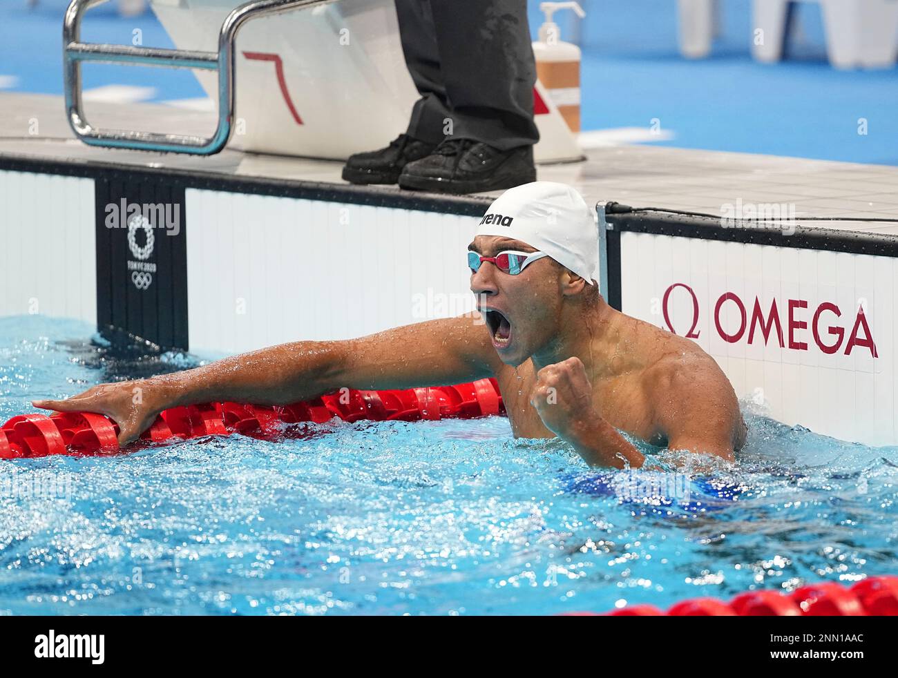 HAFNAOUI Ahmed of Tunisia reacts after winning Men's 400m Freestyle ...