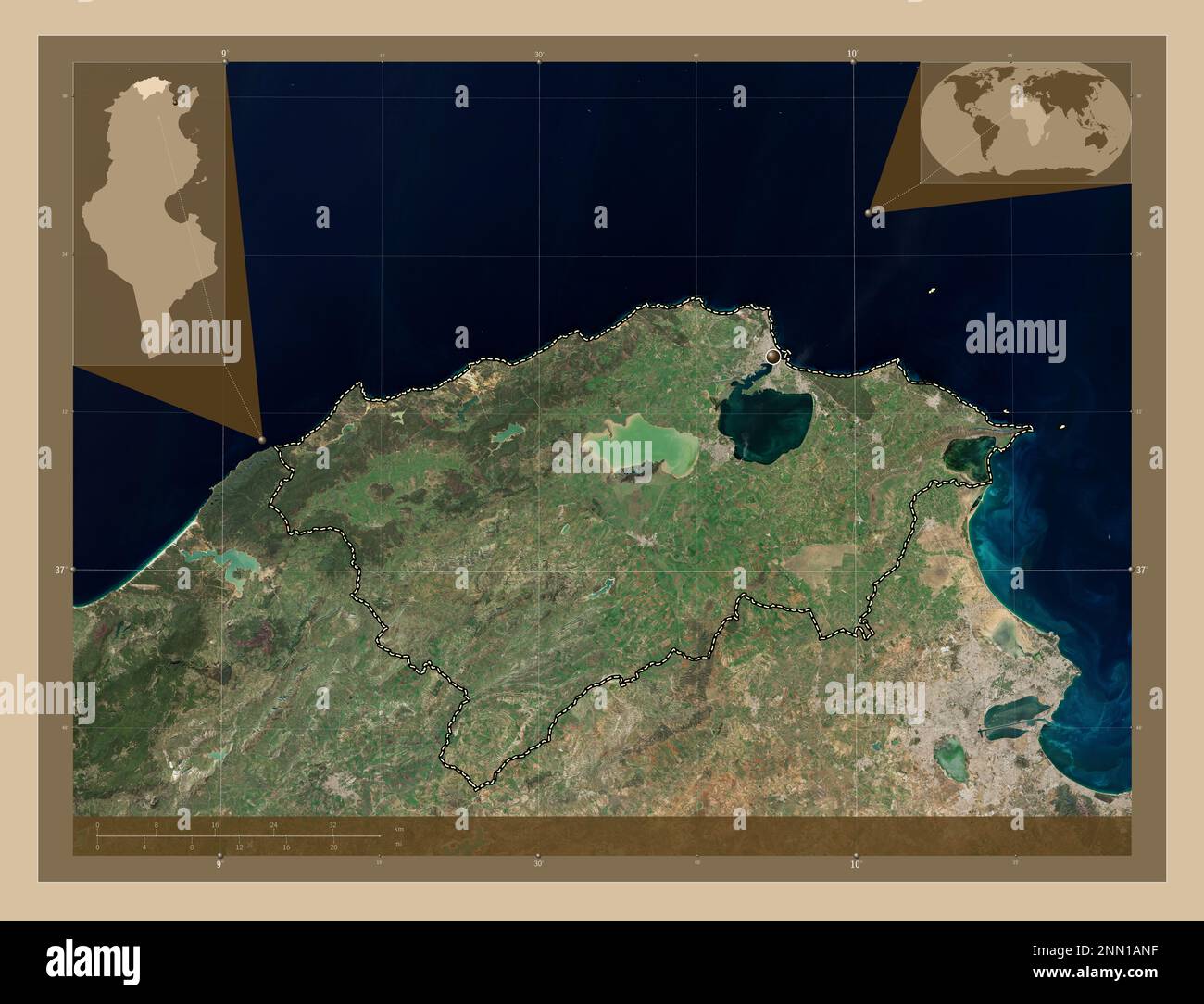 Bizerte, governorate of Tunisia. Low resolution satellite map. Corner ...