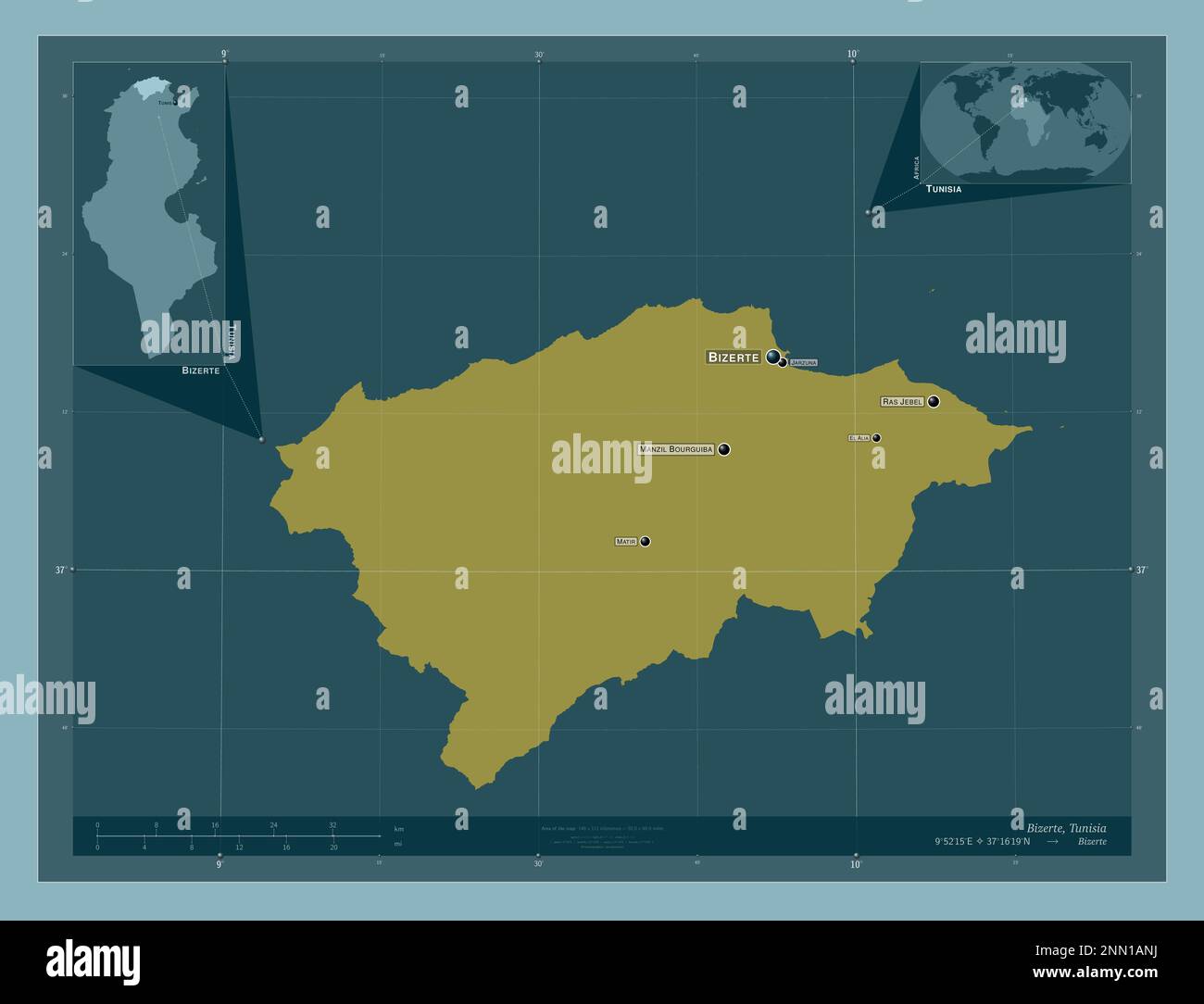 Bizerte, governorate of Tunisia. Solid color shape. Locations and names ...