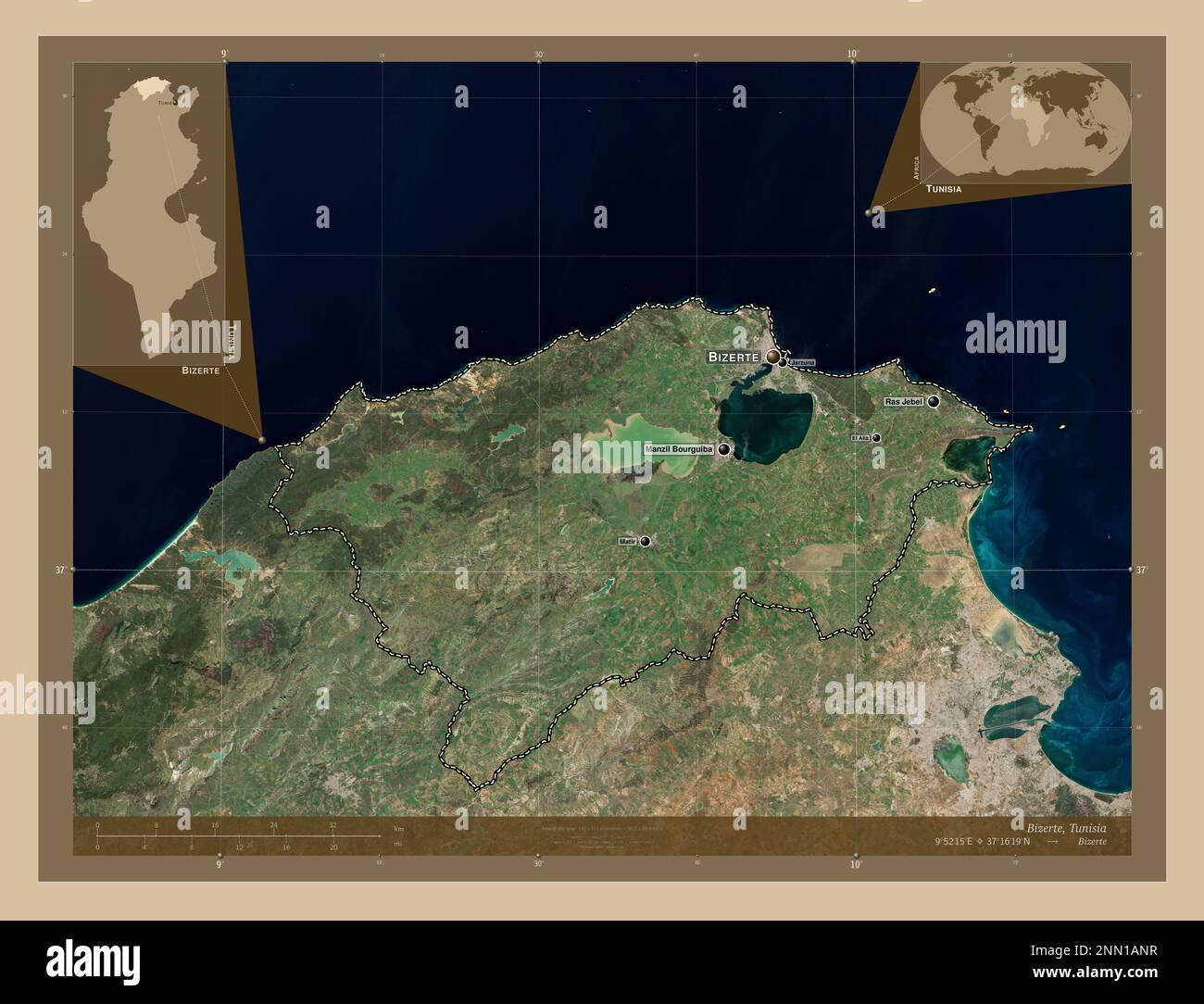 Bizerte, governorate of Tunisia. Low resolution satellite map ...