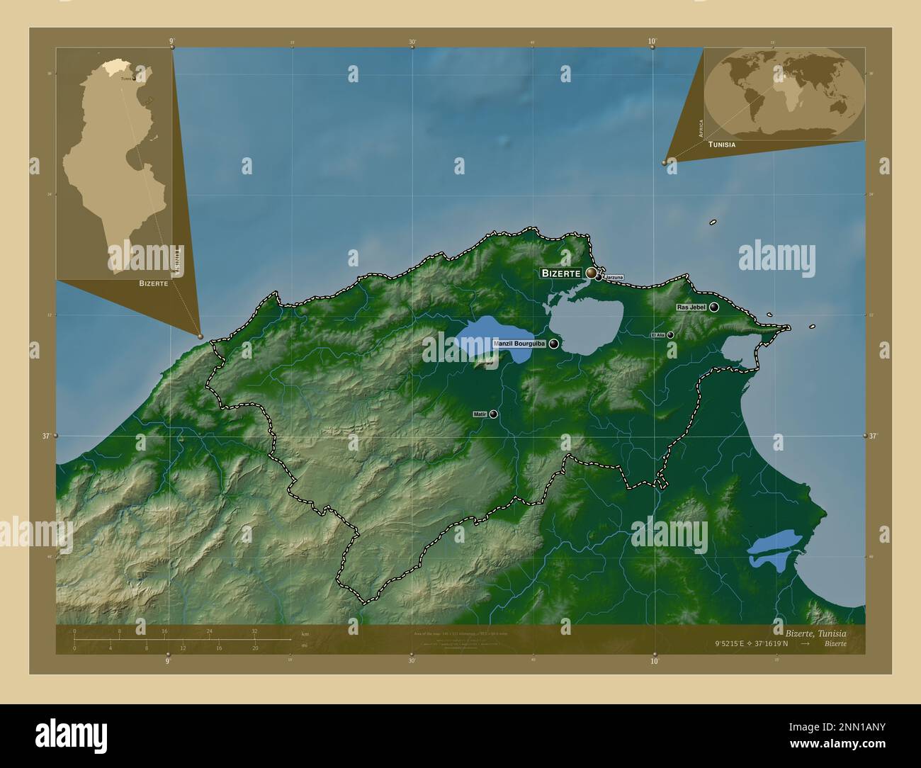 Bizerte, governorate of Tunisia. Colored elevation map with lakes and ...