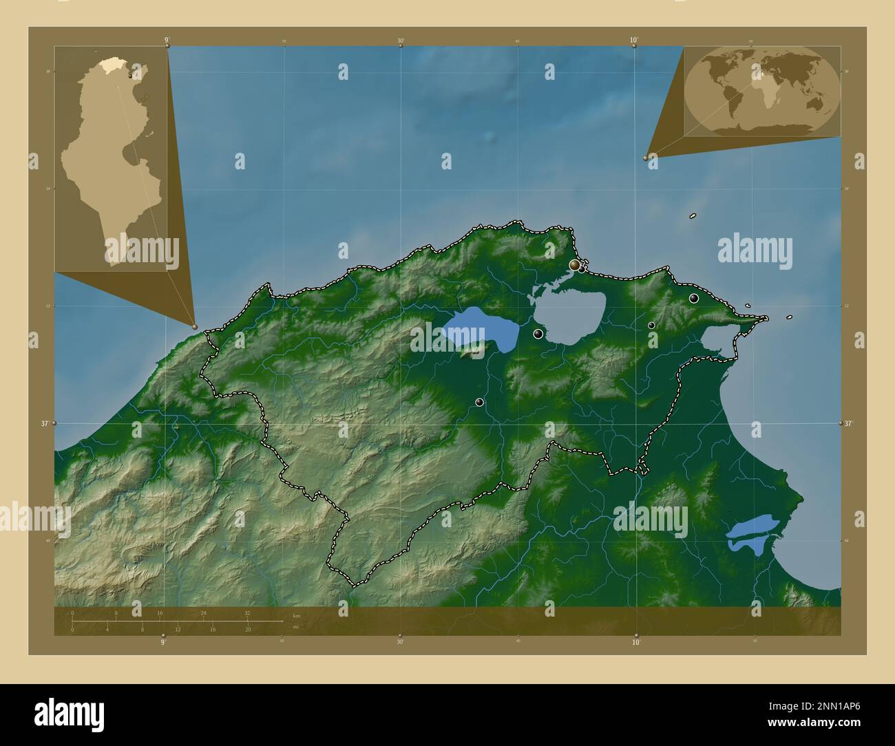 Bizerte, governorate of Tunisia. Colored elevation map with lakes and ...