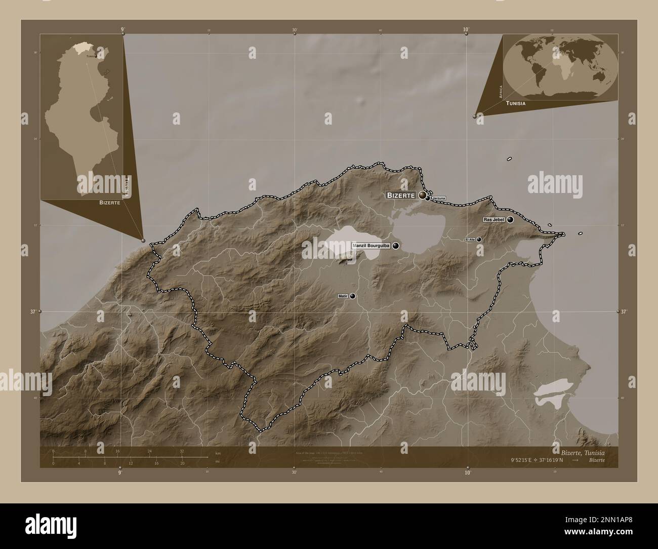 Bizerte, governorate of Tunisia. Elevation map colored in sepia tones ...