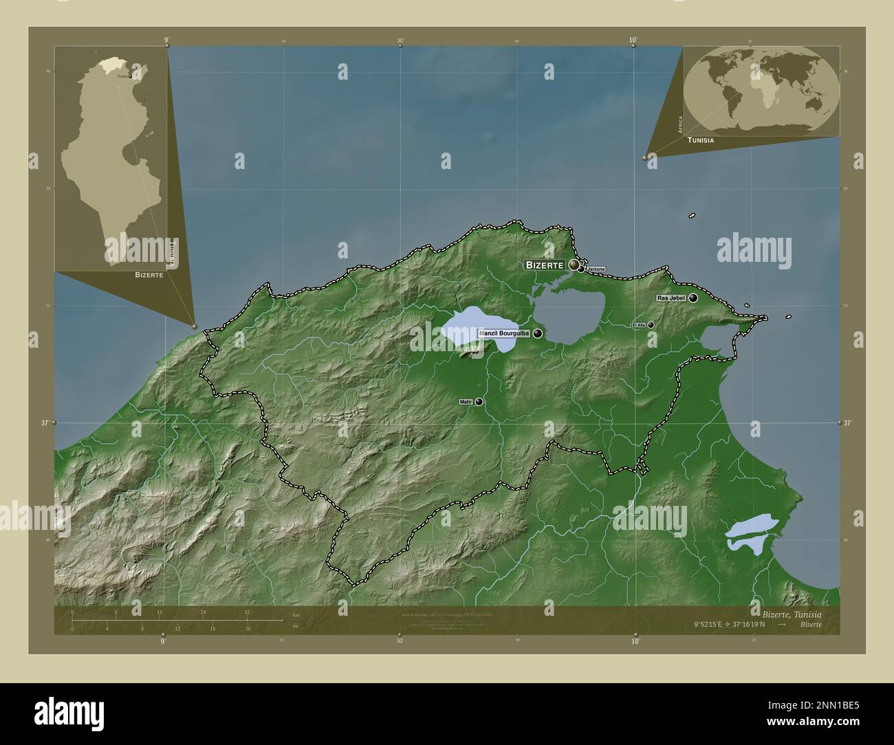 Bizerte, governorate of Tunisia. Elevation map colored in wiki style ...