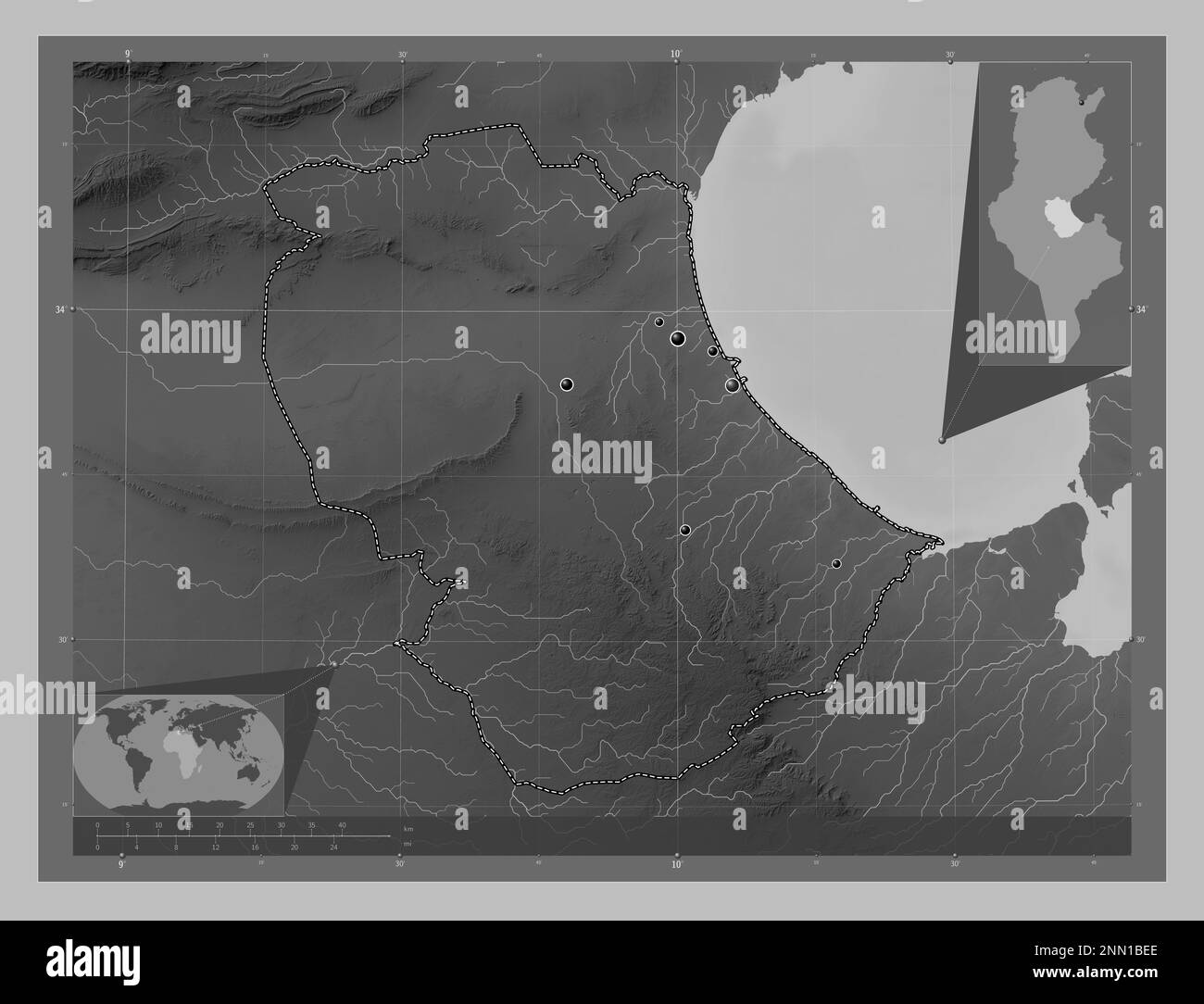 Gabes, governorate of Tunisia. Grayscale elevation map with lakes and ...