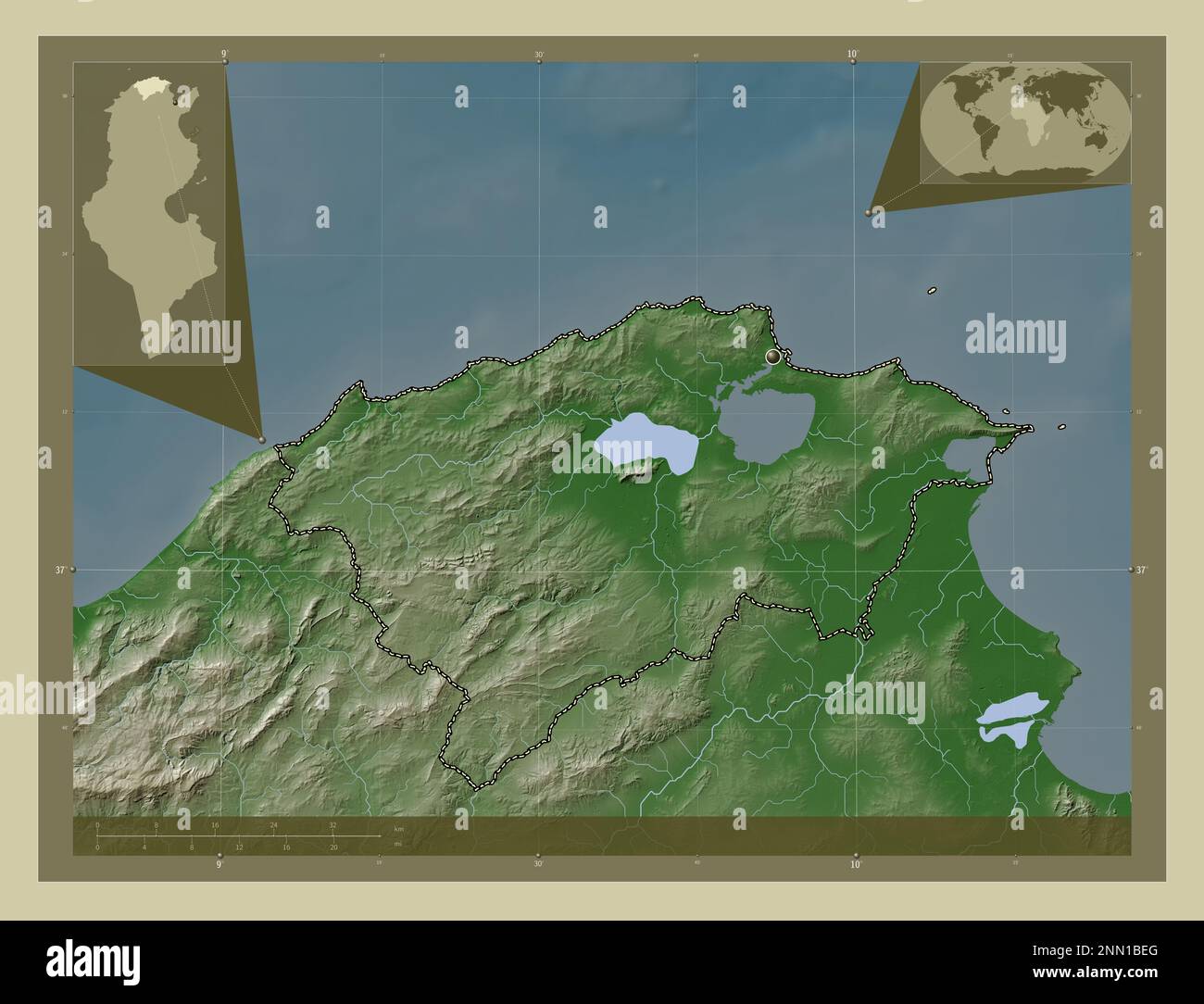 Bizerte, governorate of Tunisia. Elevation map colored in wiki style ...