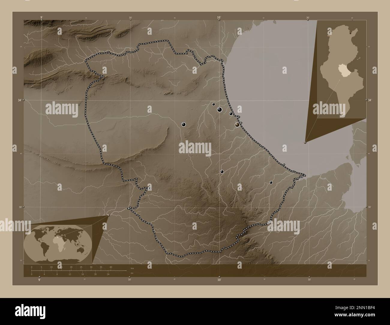 Gabes, governorate of Tunisia. Elevation map colored in sepia tones ...