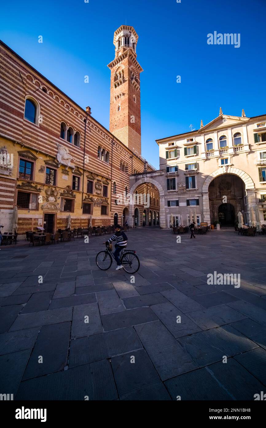 The Torre dei Lamberti, an 84 m high tower in Verona, seen across ...