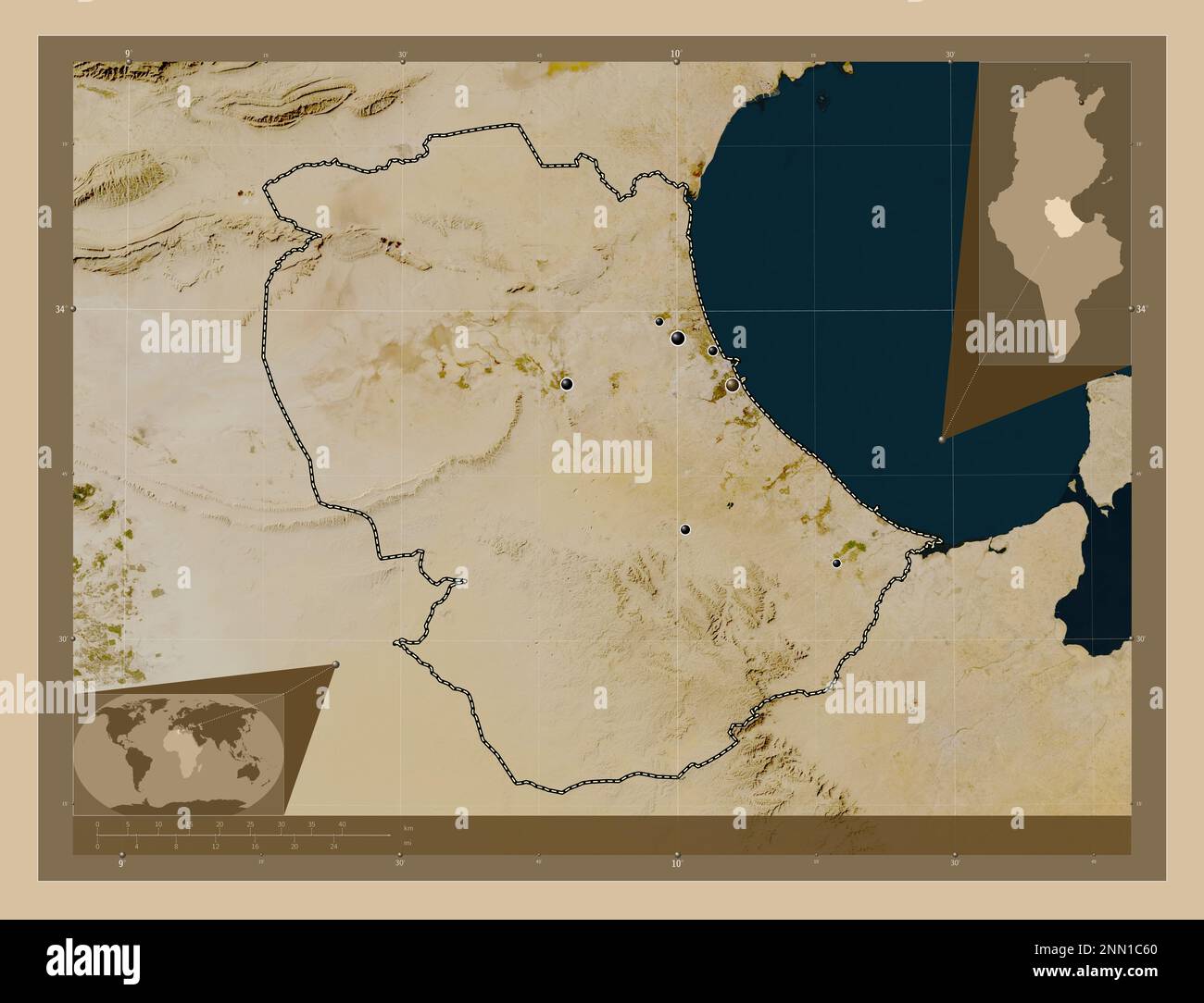 Gabes, governorate of Tunisia. Low resolution satellite map. Locations ...