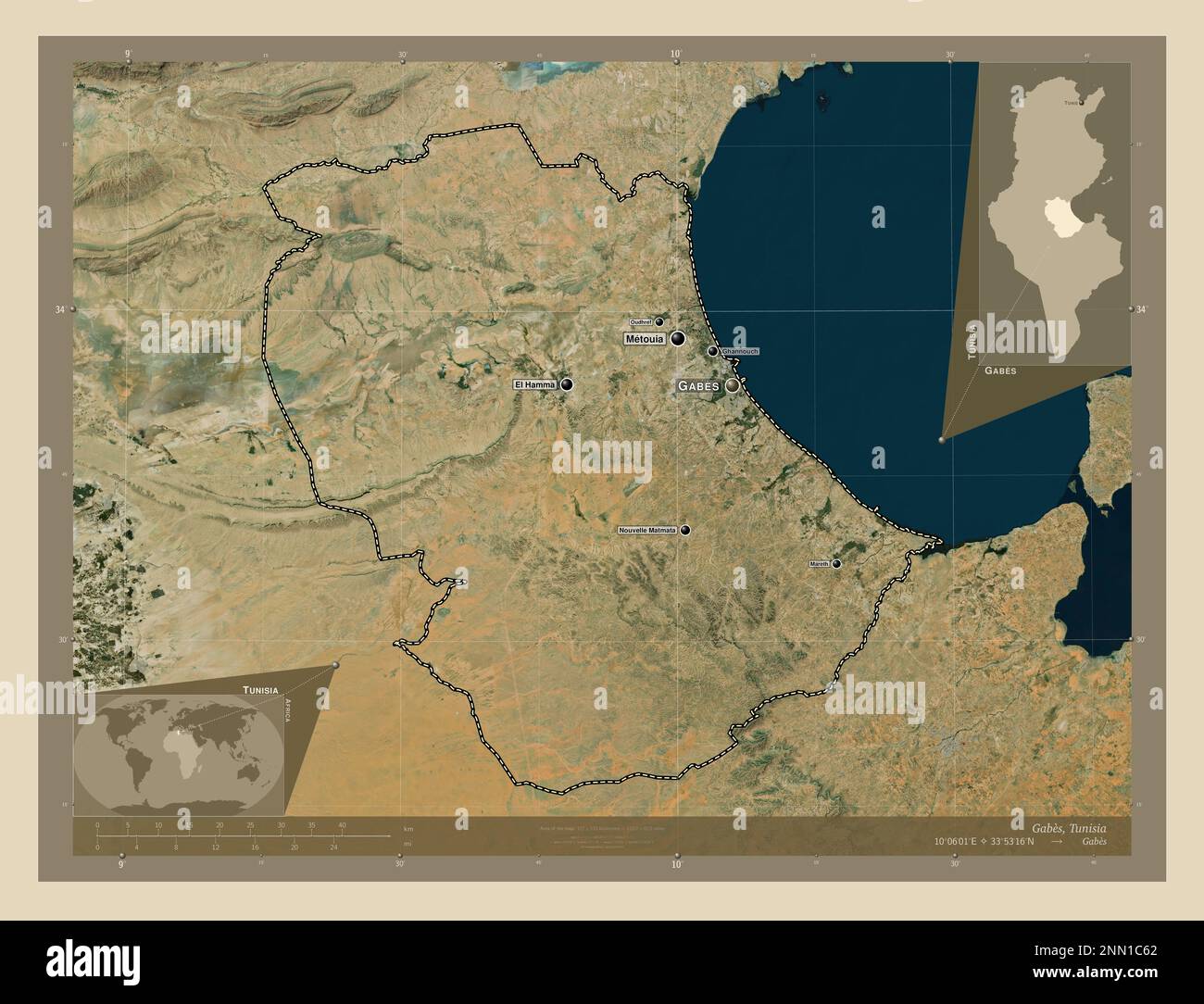Gabes, governorate of Tunisia. High resolution satellite map. Locations ...