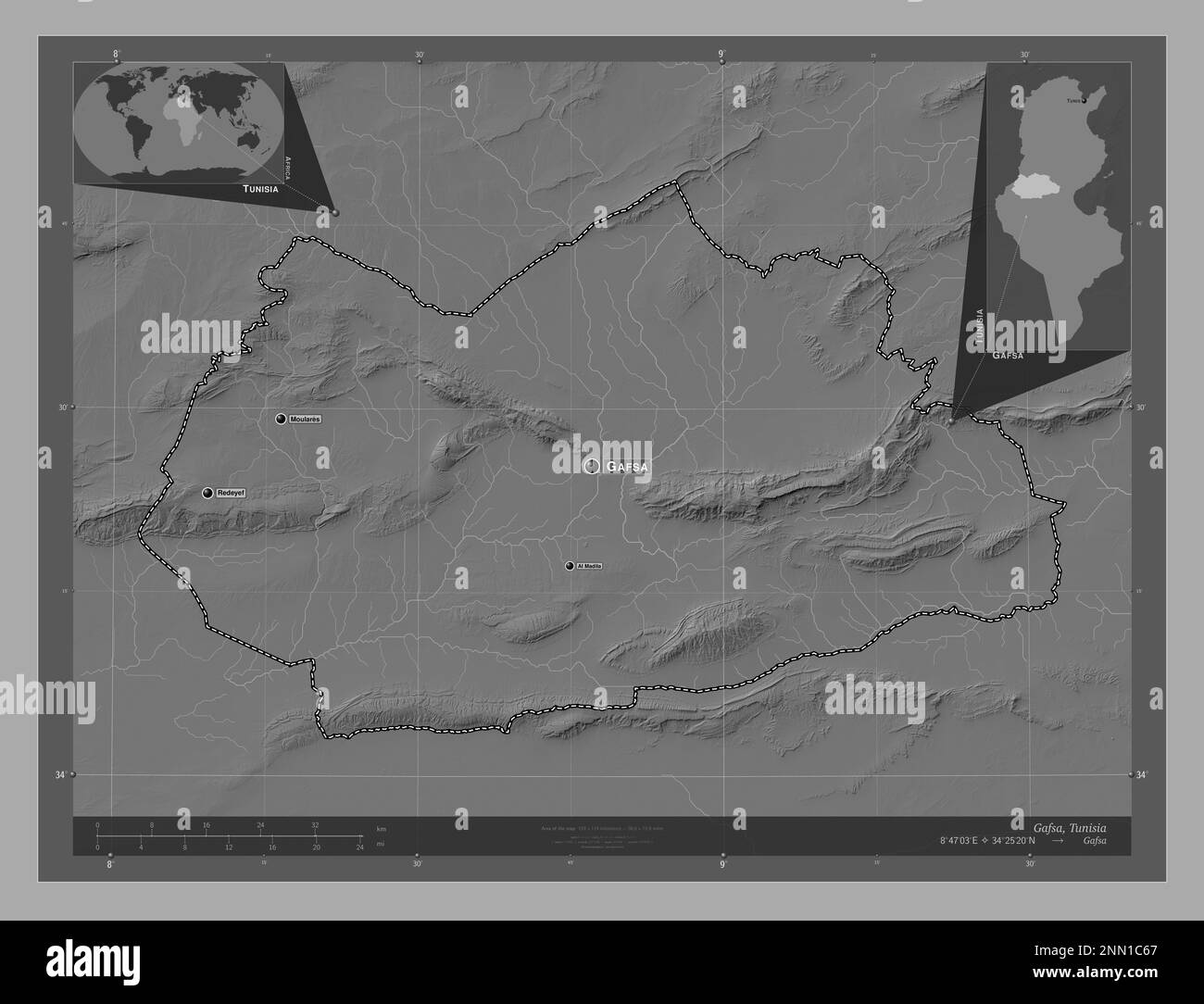 Gafsa, governorate of Tunisia. Bilevel elevation map with lakes and ...