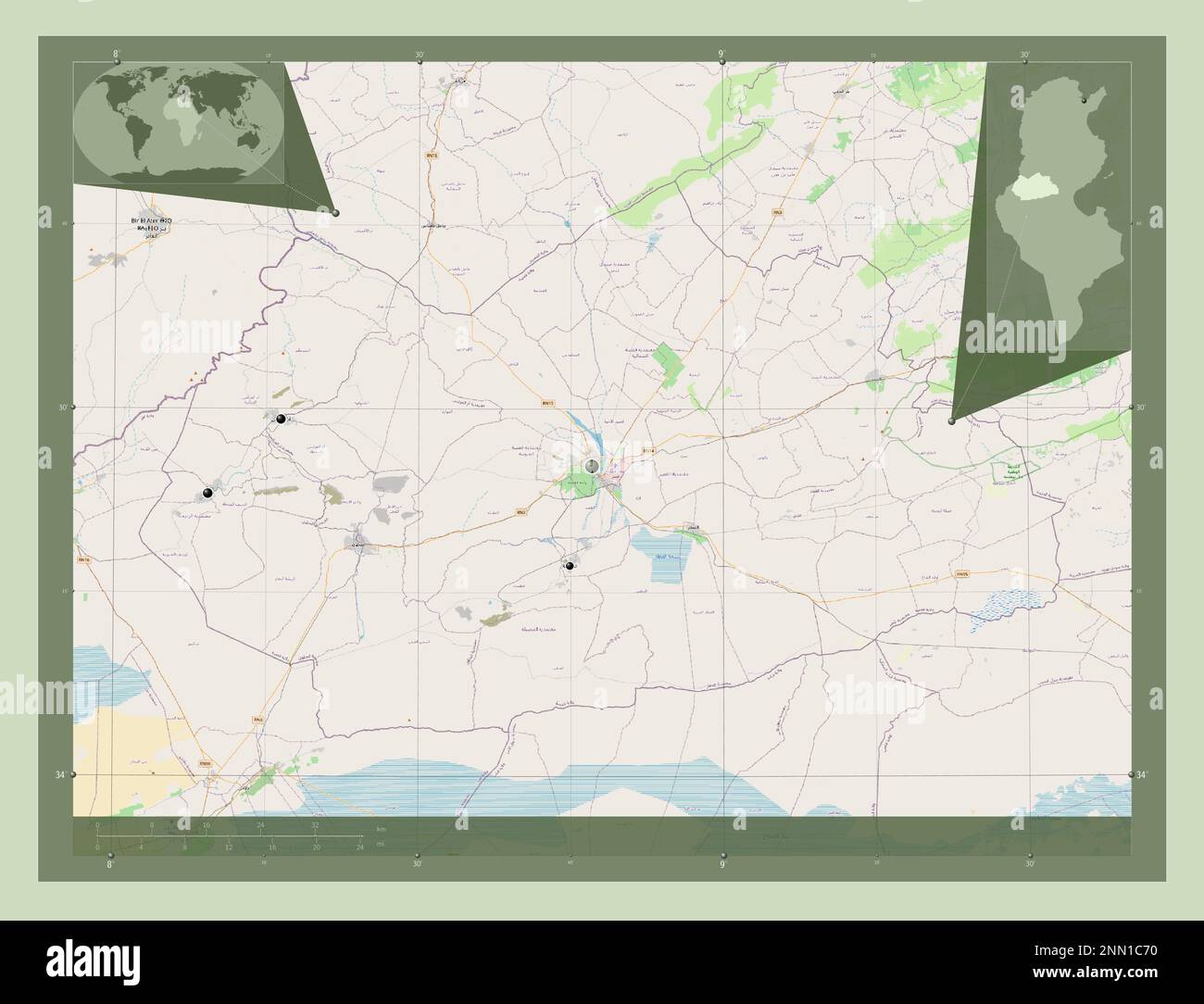 Gafsa, governorate of Tunisia. Open Street Map. Locations of major ...