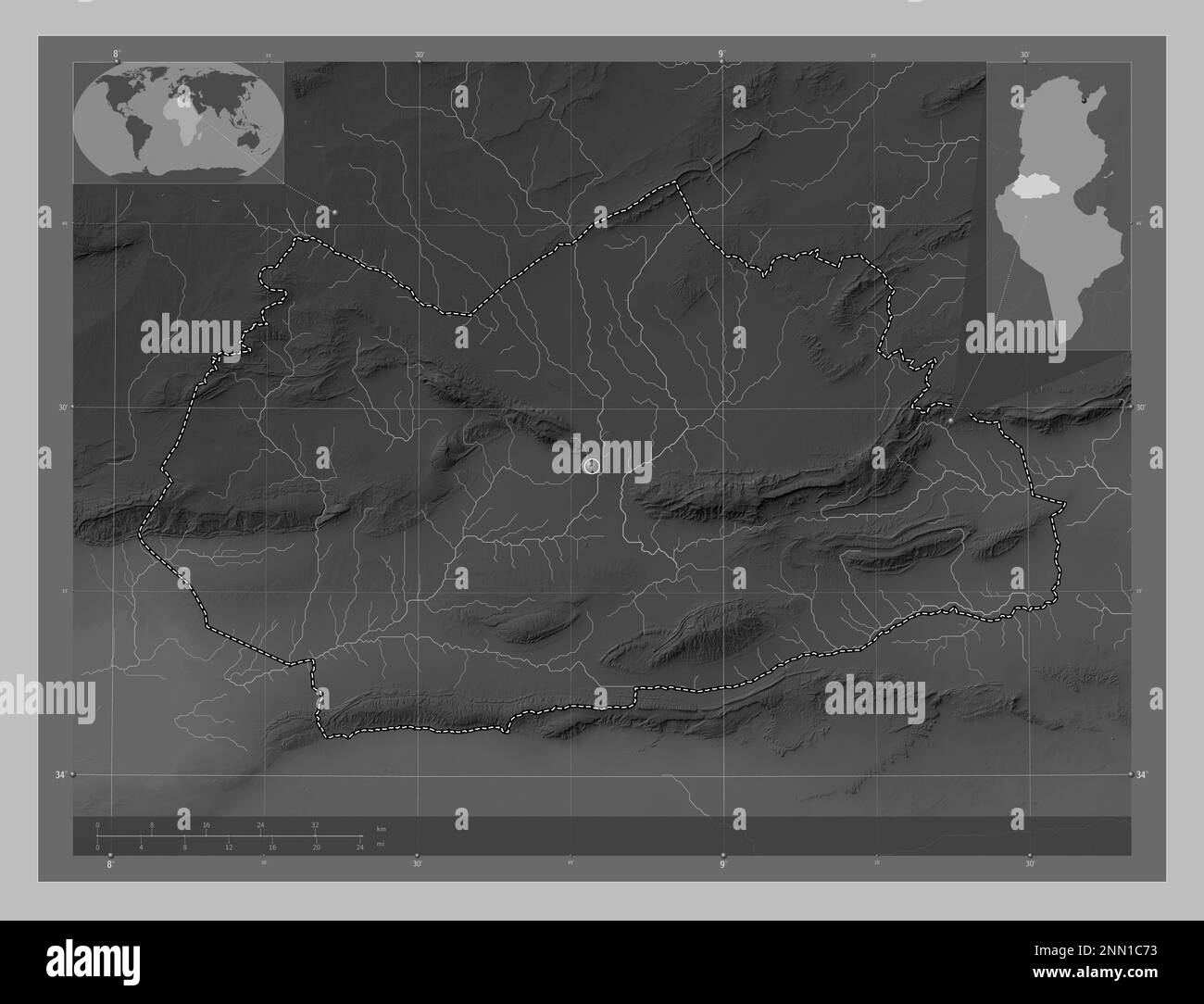 Gafsa, governorate of Tunisia. Grayscale elevation map with lakes and ...