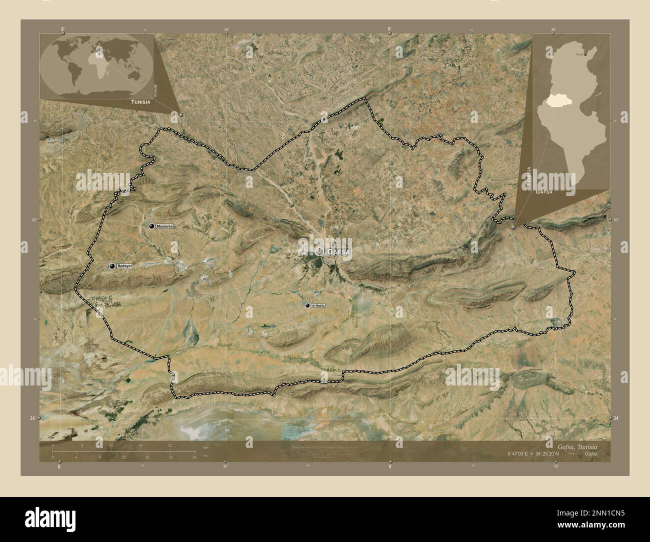 Gafsa, governorate of Tunisia. High resolution satellite map. Locations ...