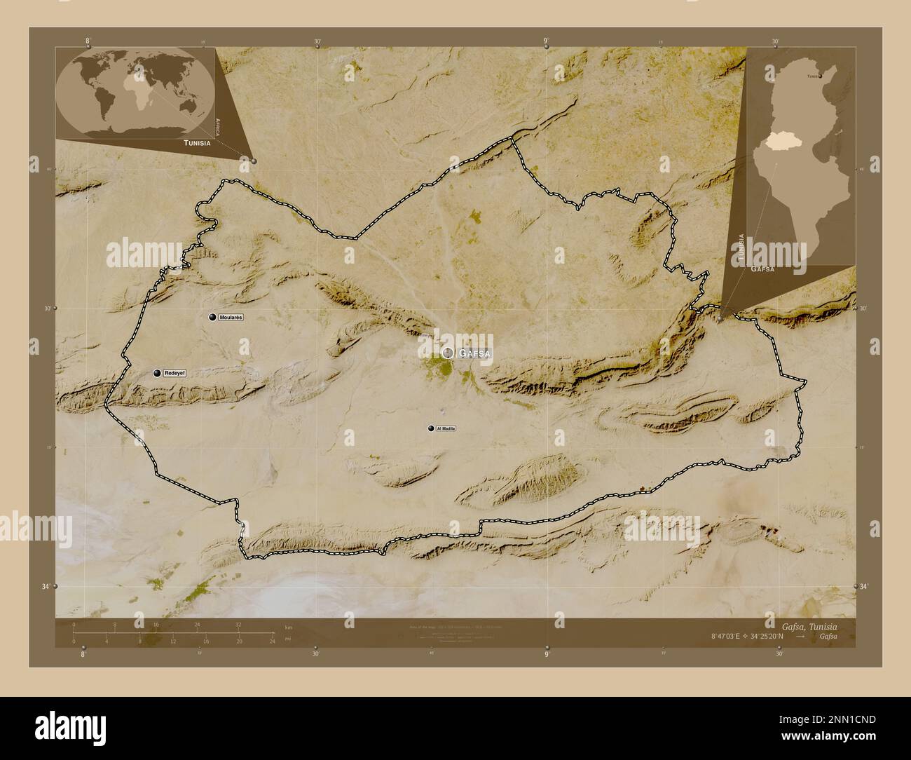 Gafsa, governorate of Tunisia. Low resolution satellite map. Locations ...