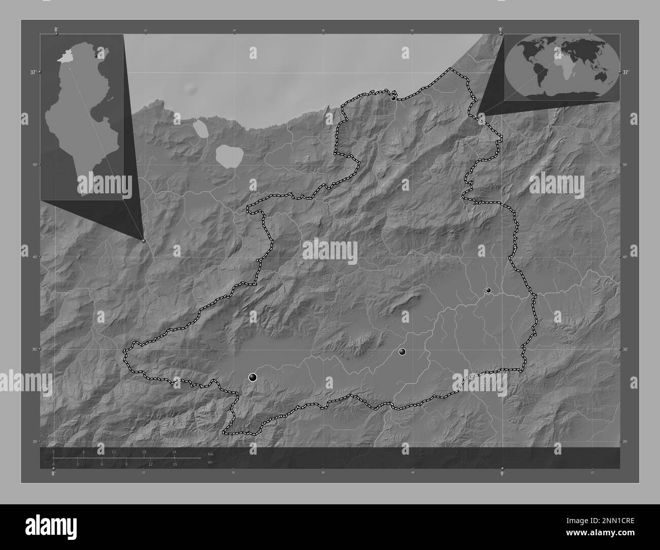 Jendouba, governorate of Tunisia. Bilevel elevation map with lakes and ...