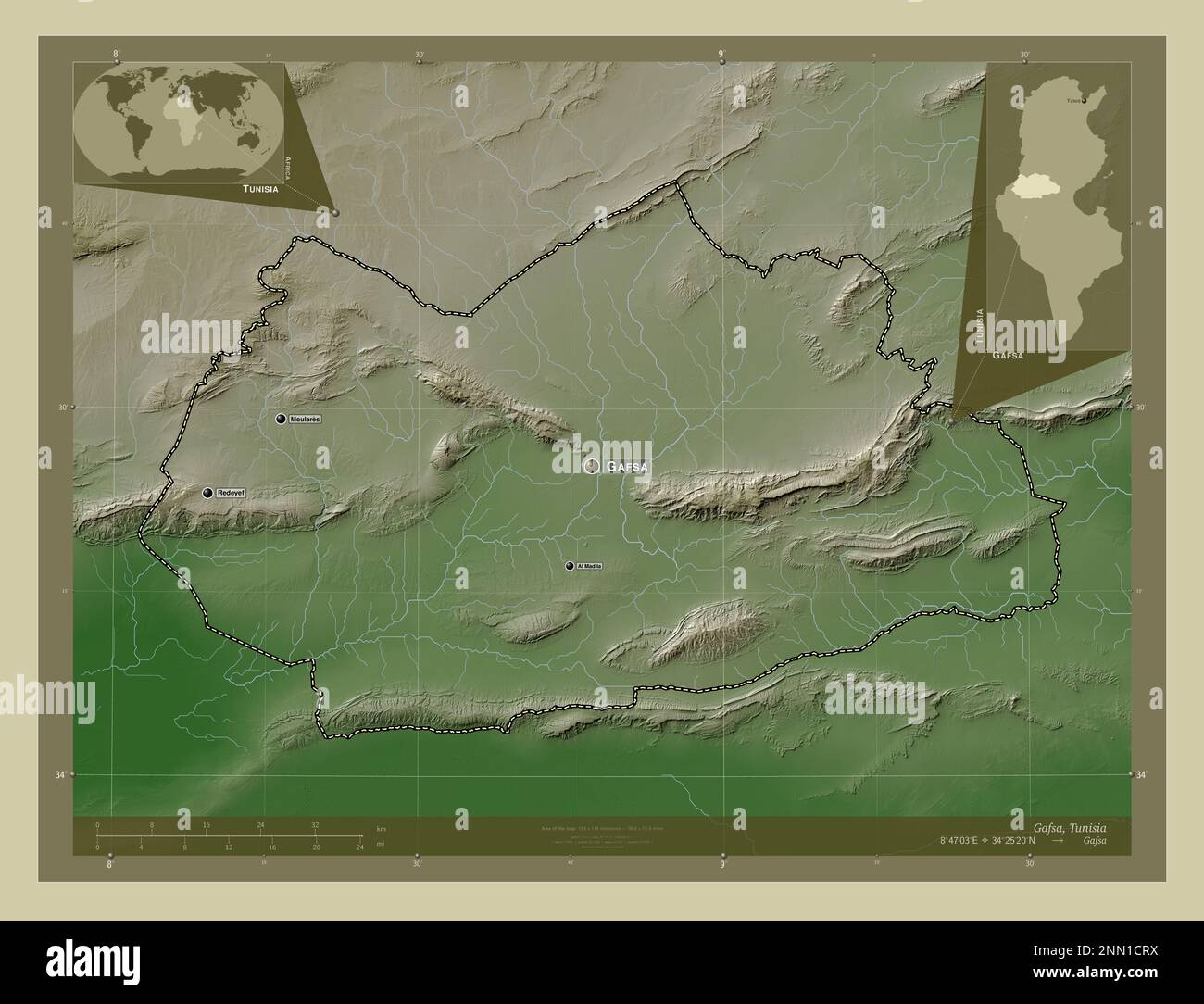Gafsa, governorate of Tunisia. Elevation map colored in wiki style with ...