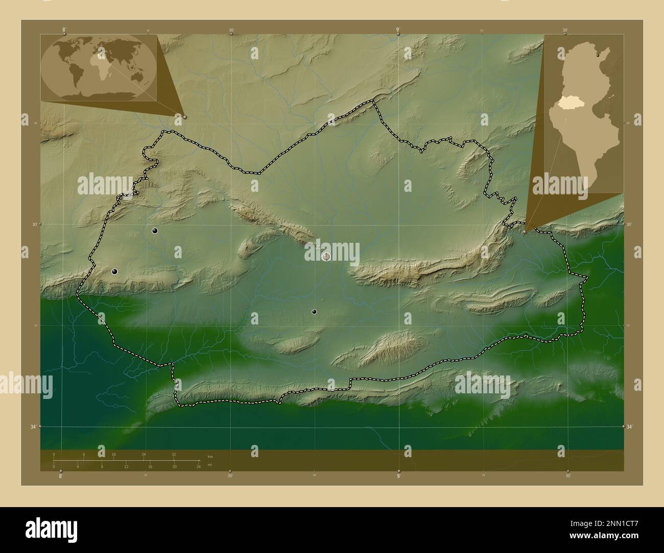 Gafsa, governorate of Tunisia. Colored elevation map with lakes and ...