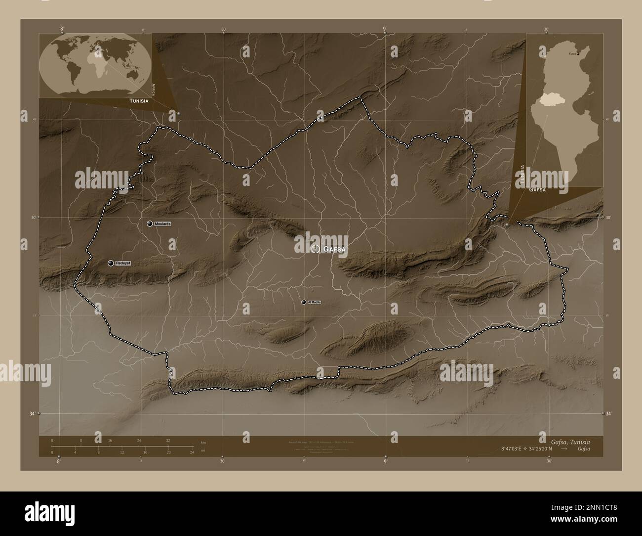 Gafsa, governorate of Tunisia. Elevation map colored in sepia tones ...