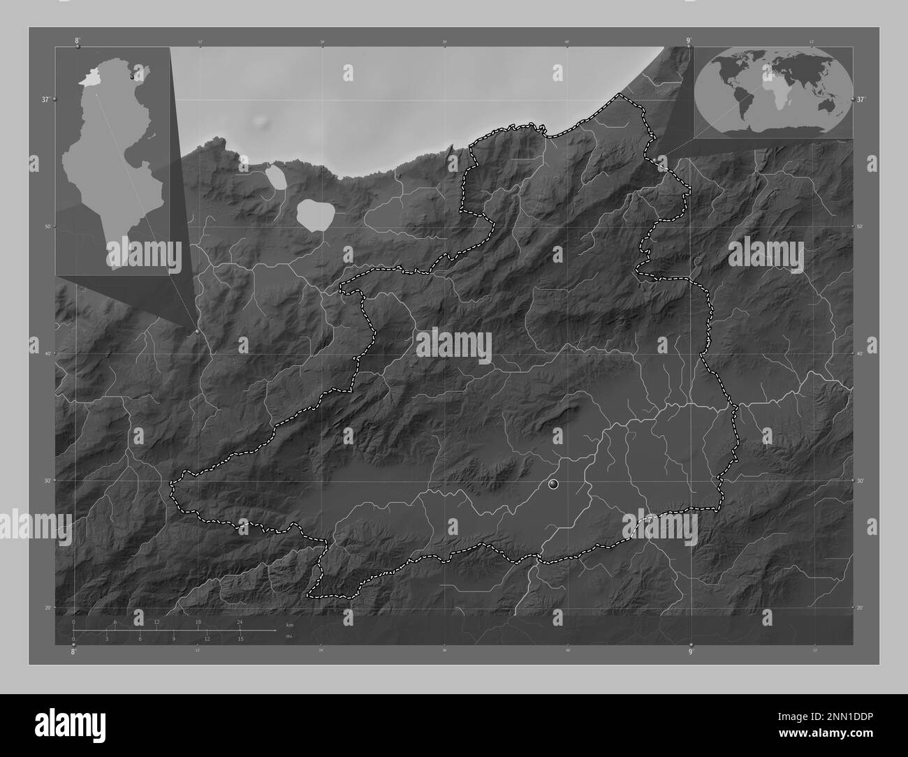 Jendouba, governorate of Tunisia. Grayscale elevation map with lakes ...