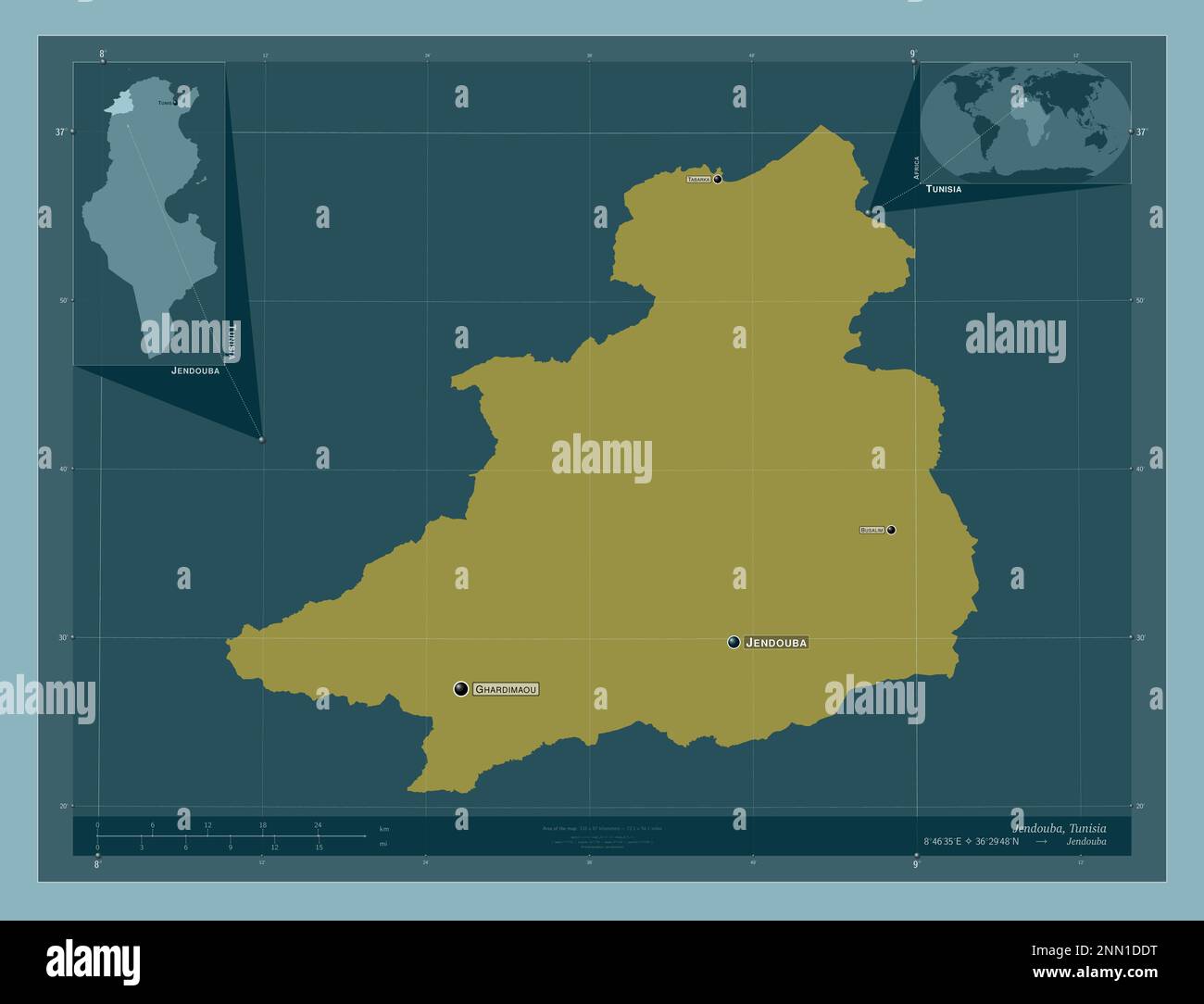 Jendouba, governorate of Tunisia. Solid color shape. Locations and ...