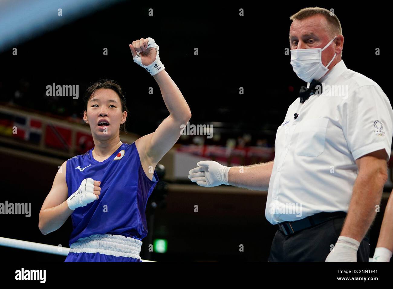 Japan's Sena Irie, after her women's featherweight 57-kg boxing match ...