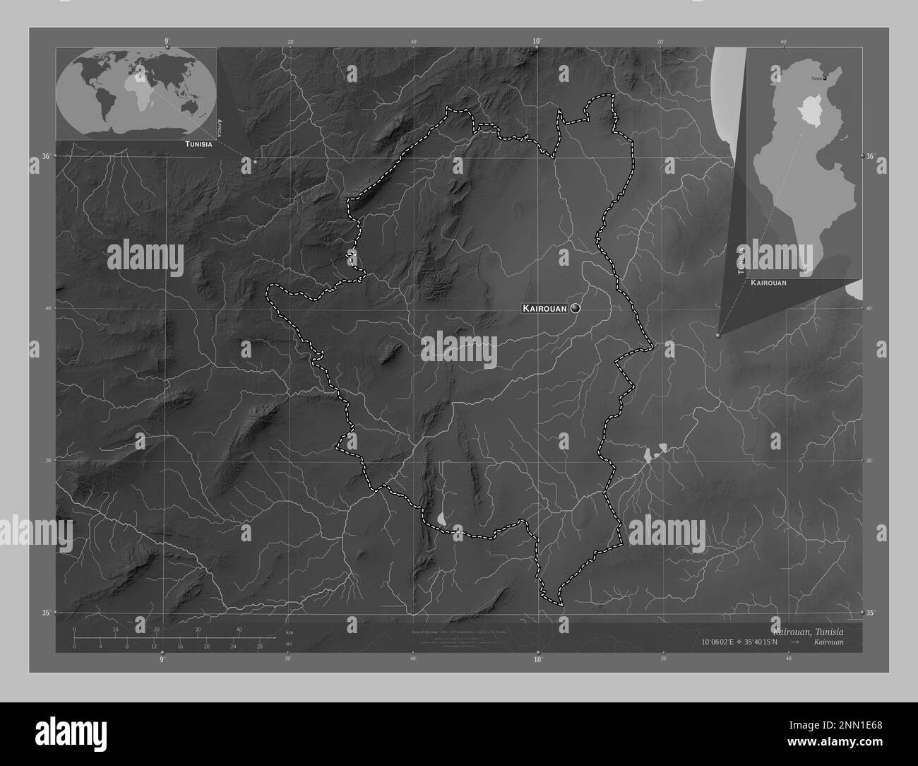 Kairouan, governorate of Tunisia. Grayscale elevation map with lakes ...
