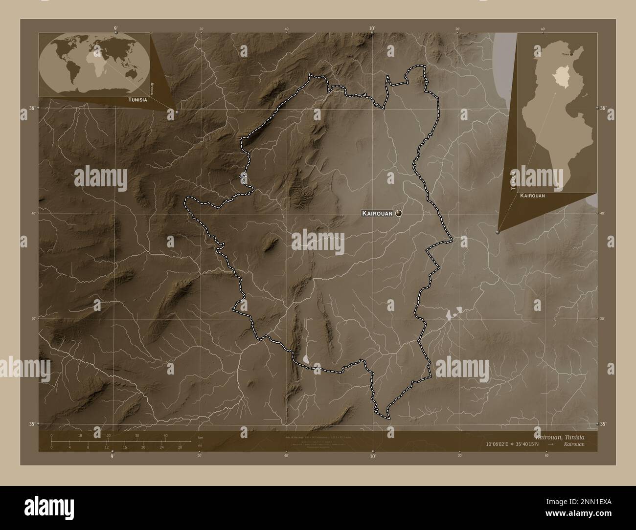 Kairouan, governorate of Tunisia. Elevation map colored in sepia tones ...