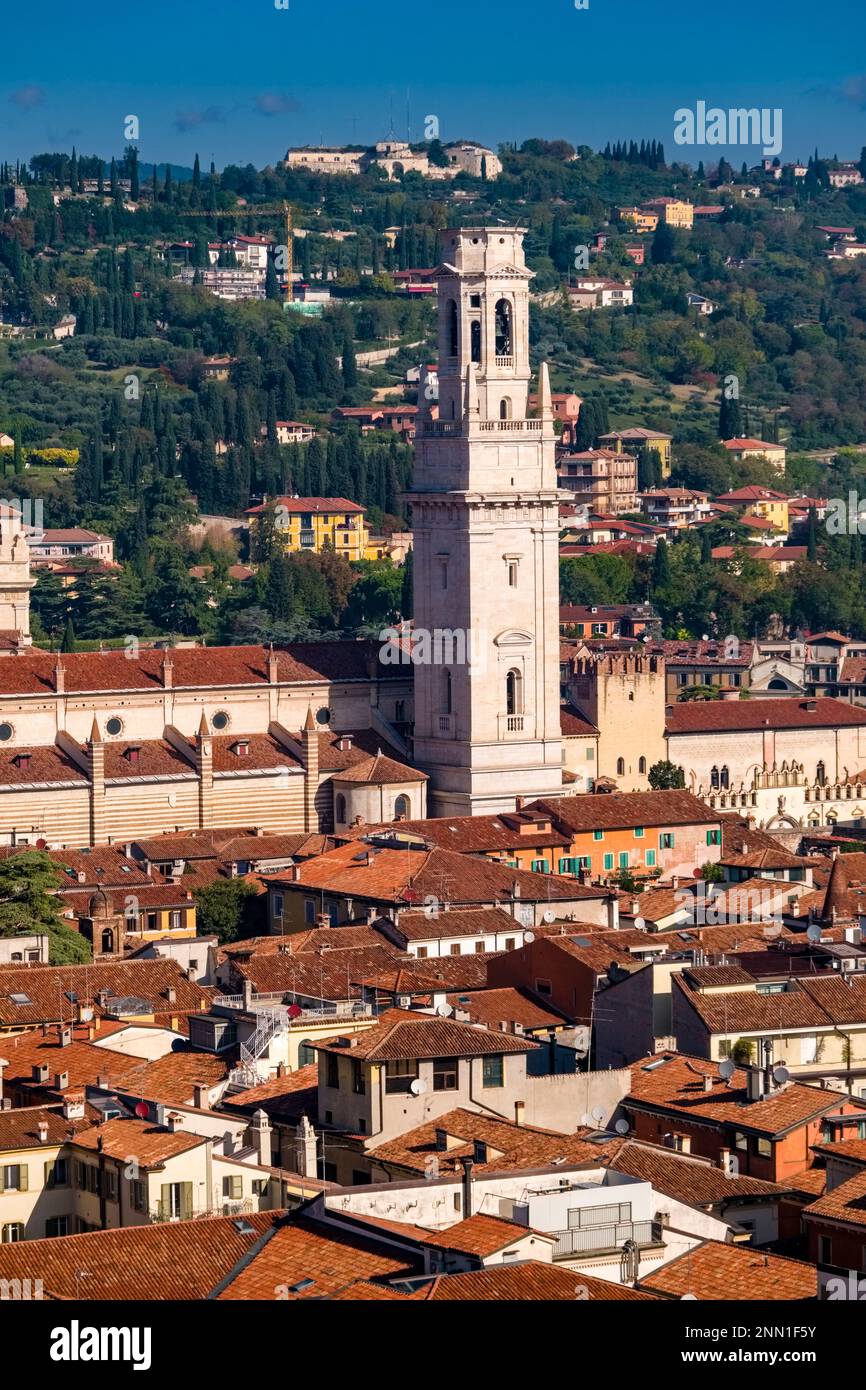 Verona Cathedral, seen from Torre dei Lamberti across the roofs of the ...