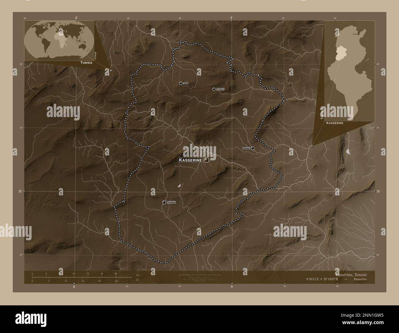 Kasserine, governorate of Tunisia. Elevation map colored in sepia tones ...