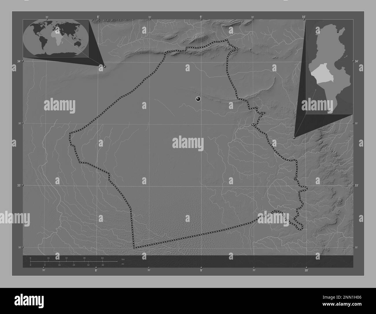 Kebili, governorate of Tunisia. Bilevel elevation map with lakes and ...