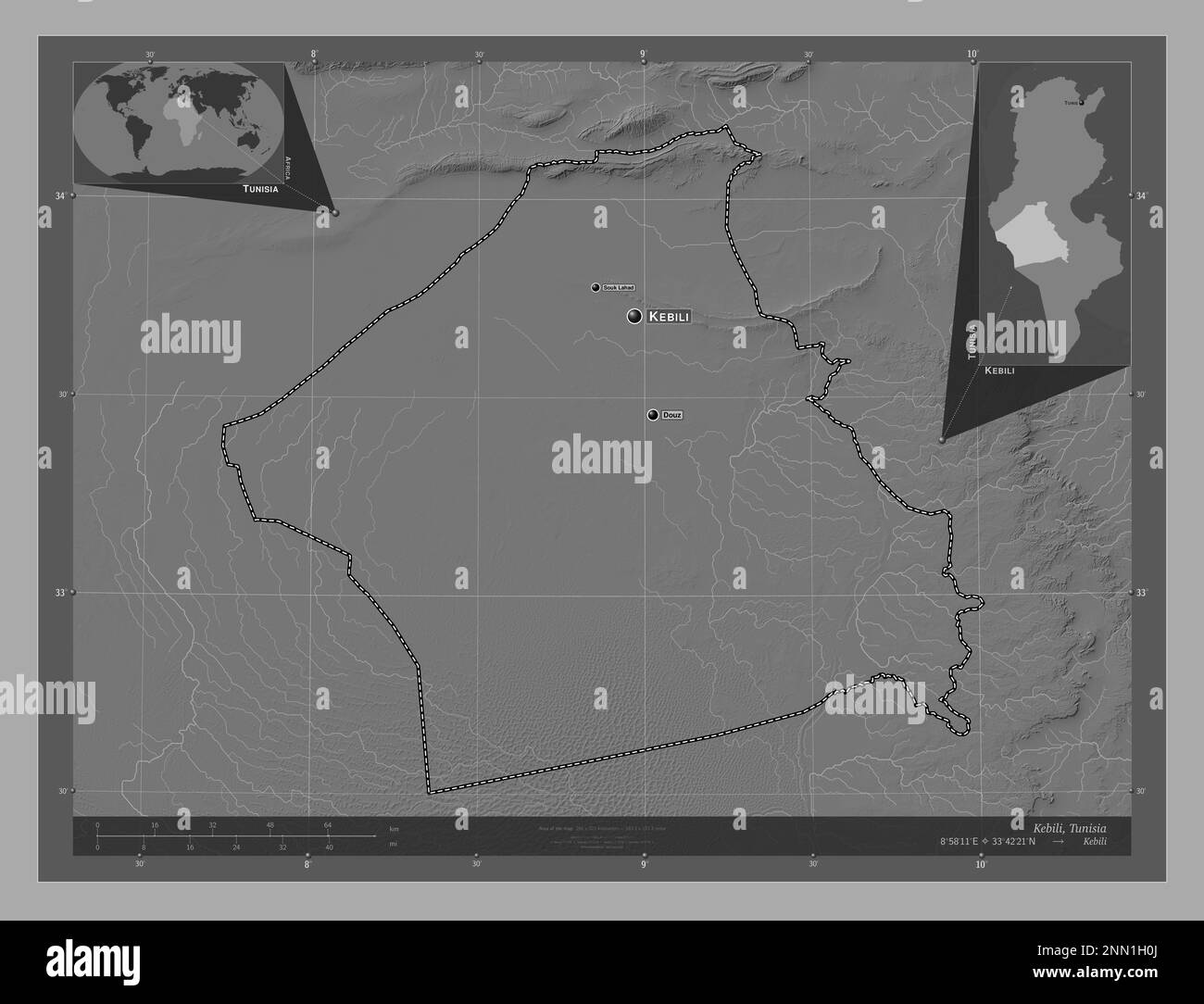 Kebili, governorate of Tunisia. Bilevel elevation map with lakes and ...