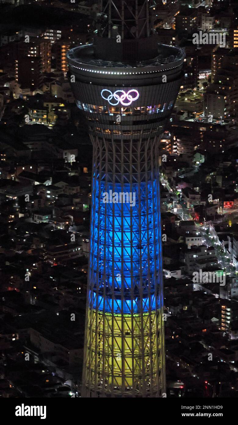 An aerial photo shows Tokyo Sky Tree illuminated in Olympic colours in ...