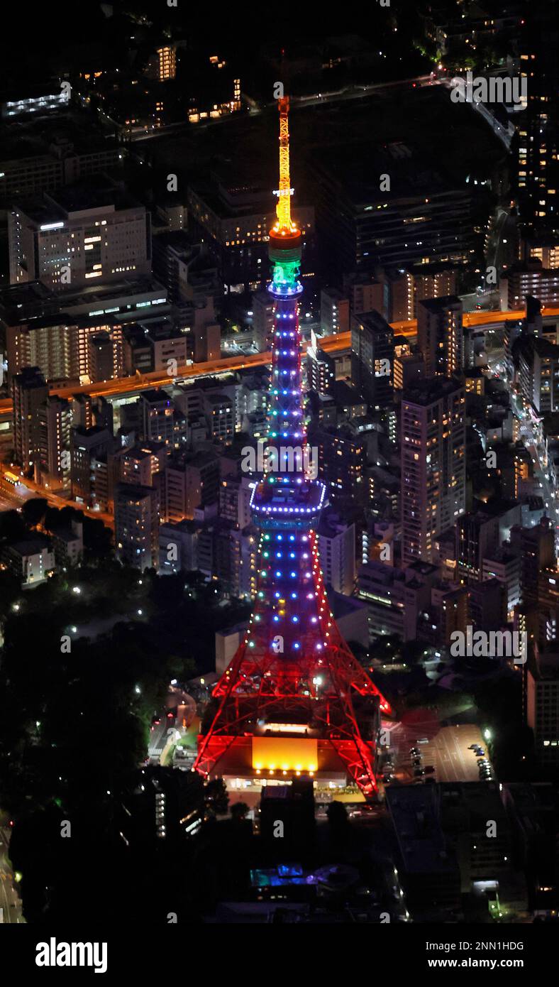 An aerial photo shows Tokyo Tower illuminated in Olympic colours in ...