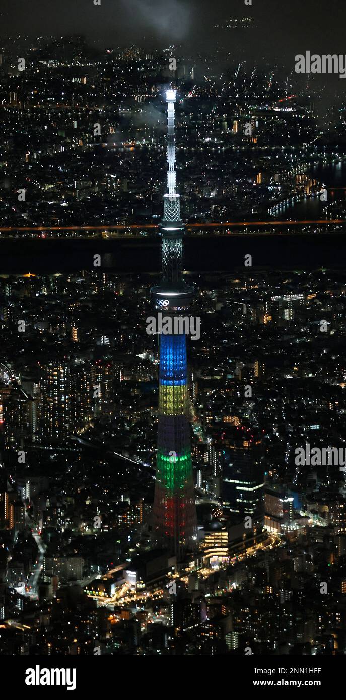 An aerial photo shows Tokyo Sky Tree illuminated in Olympic colours in ...