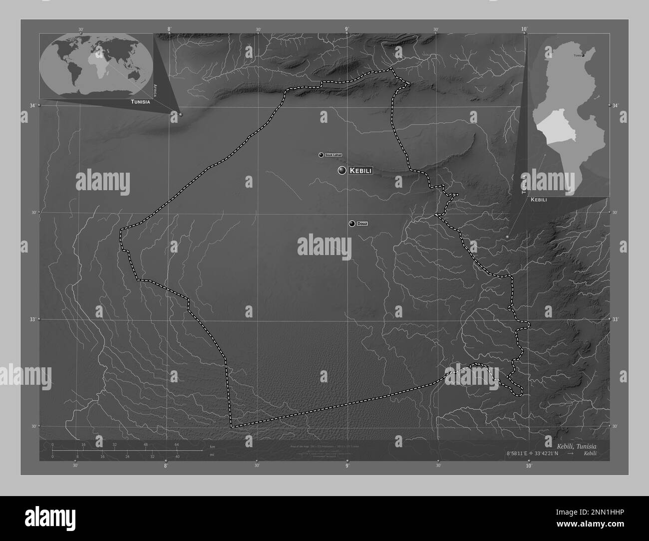 Kebili, governorate of Tunisia. Grayscale elevation map with lakes and ...